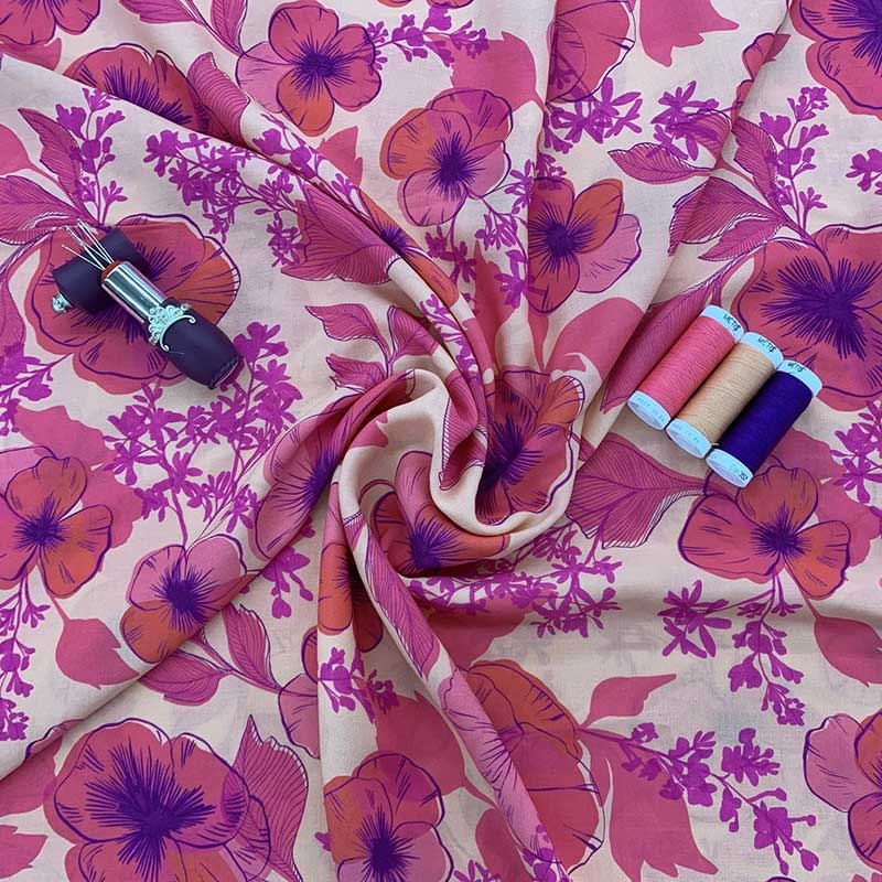 Tissu Viscose Imprimé Fuchsia - Tissus des Ursules