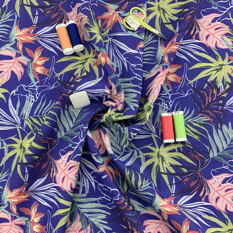 Tissu Stretch Polyester Imprimé Flora Bleu - Tissus des Ursules