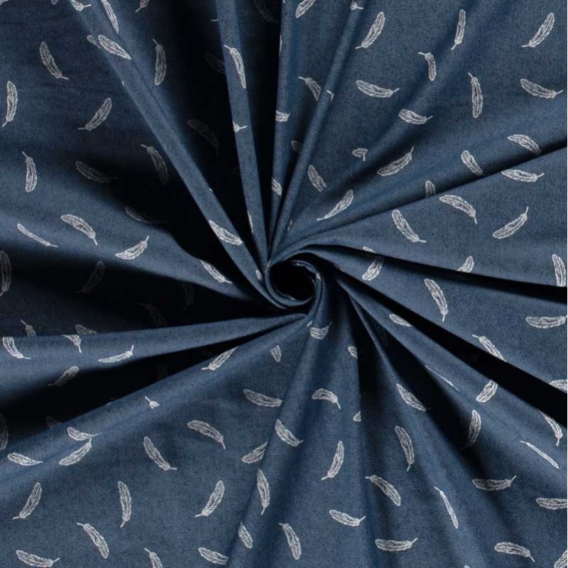 Tissu Jean Imprimé Plume Bleu Jean - Tissus des Ursules
