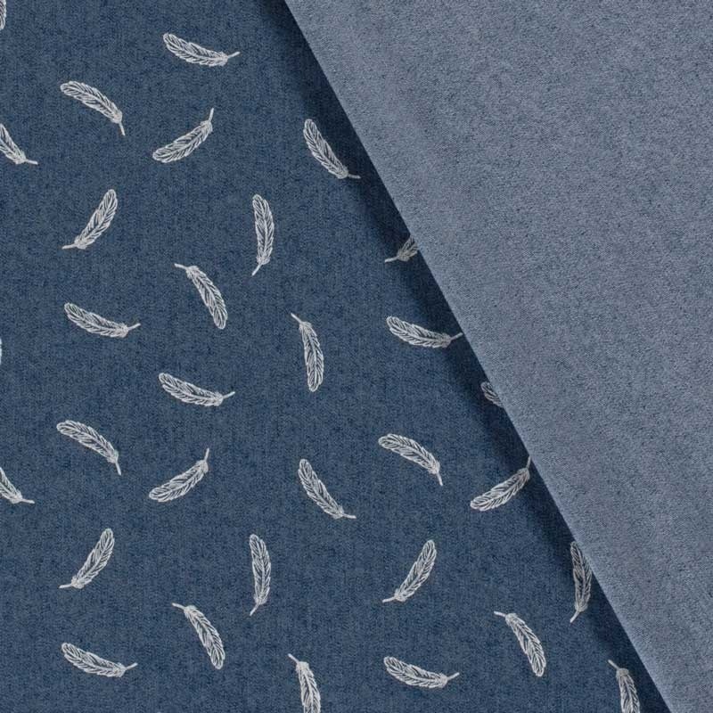 Tissu Jean Imprimé Plume Bleu Jean - Tissus des Ursules