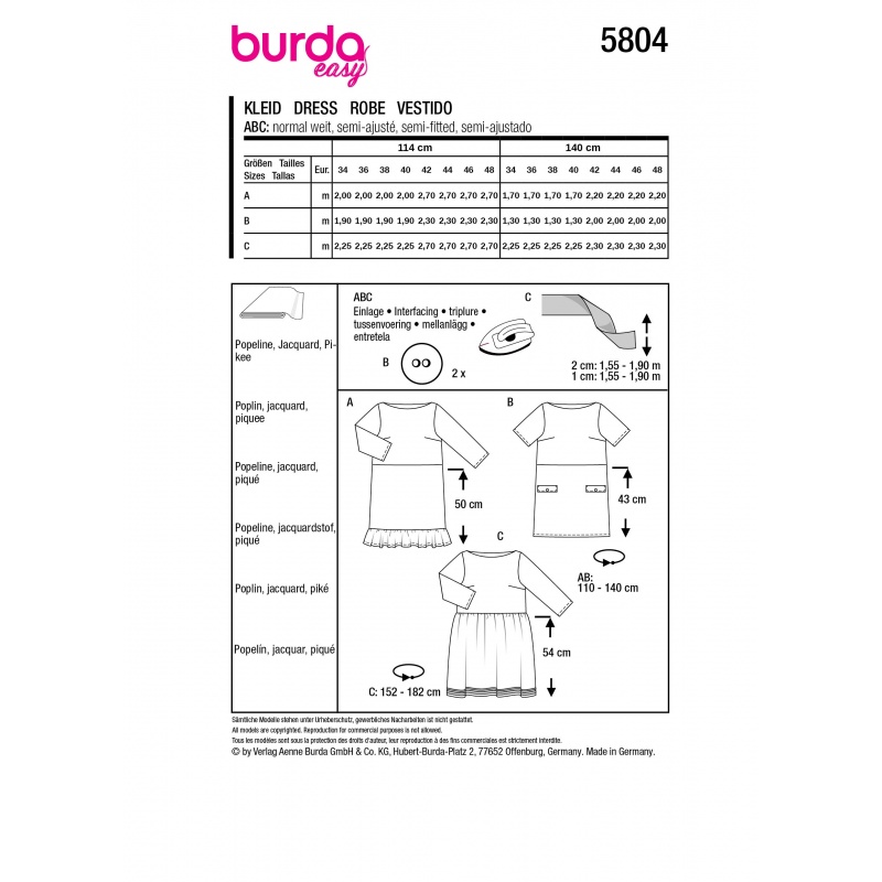 Patron Burda 5804 Robe 34/48 - Tissus des Ursules