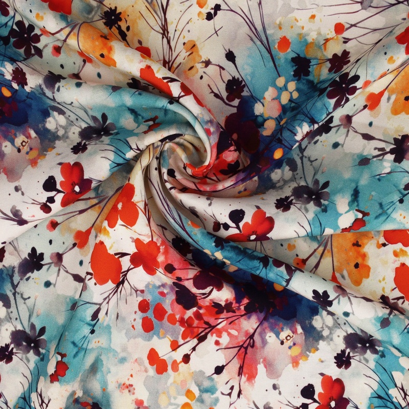 Tissu Viscose Imprimé Flower Fall Bleu - Tissus des Ursules