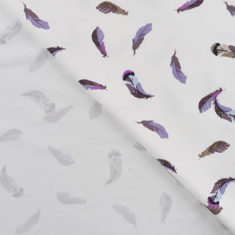 Tissu Jersey de Coton Imprimé Plume Blanc - Tissus des Ursules