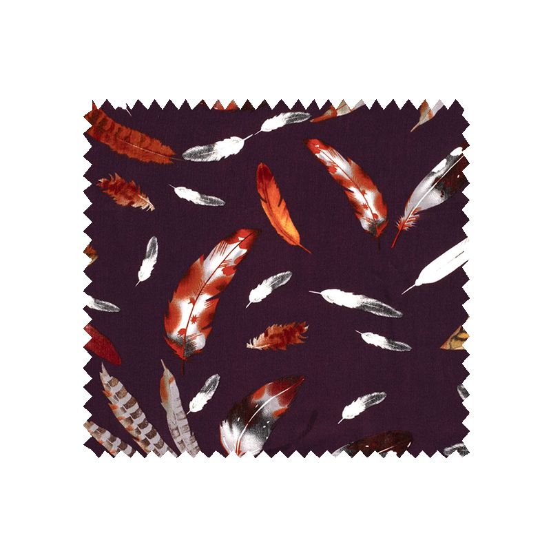 Tissu Viscose Imprimé Plume Aubergine - Tissus des Ursules