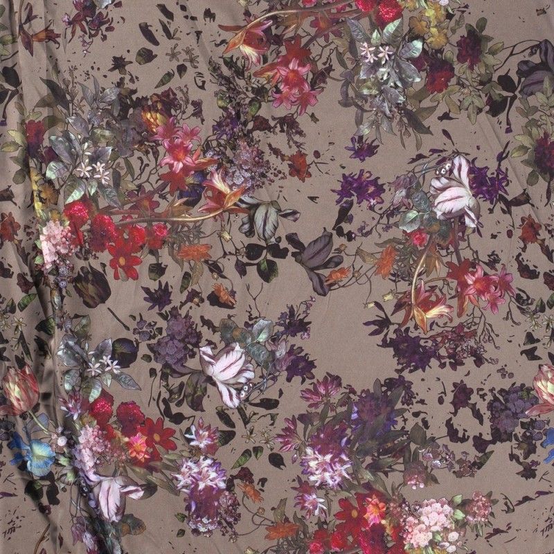 Tissu Tombe Soie Imprimé Fleur Taupe - Tissus des Ursules