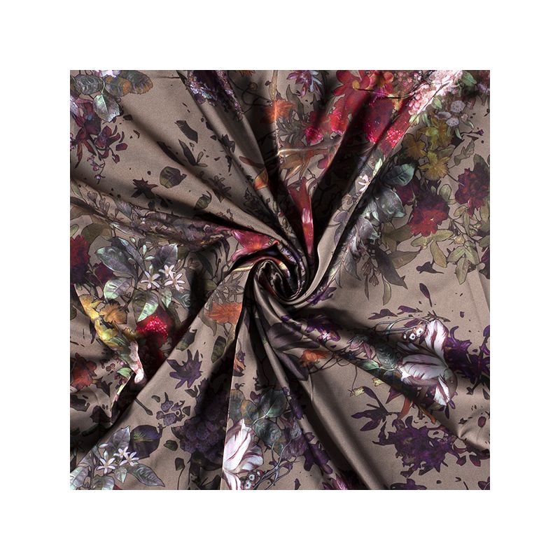 Tissu Tombe Soie Imprimé Fleur Taupe - Tissus des Ursules