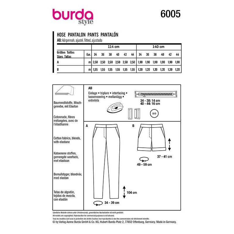 Patron Burda 6005 Pantalon 34/44 - Tissus des Ursules
