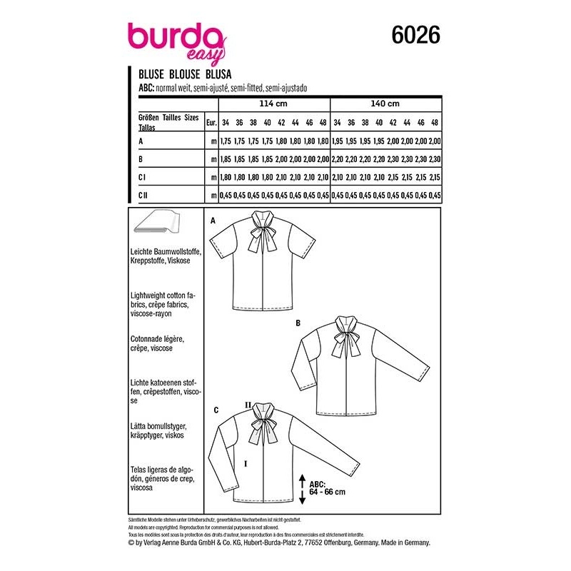 Patron Burda 6026 Blouse 34/48 - Tissus des Ursules
